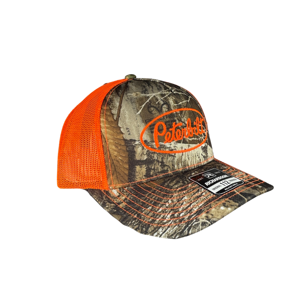 Richardson 112 Camo Peterbilt Logo Blaze Orange Mesh Trucker Cap – THE ...